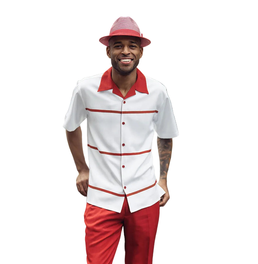 Crimson Horizontal Line Walking Suit 2 Piece Short Sleeve Set | Suits ...