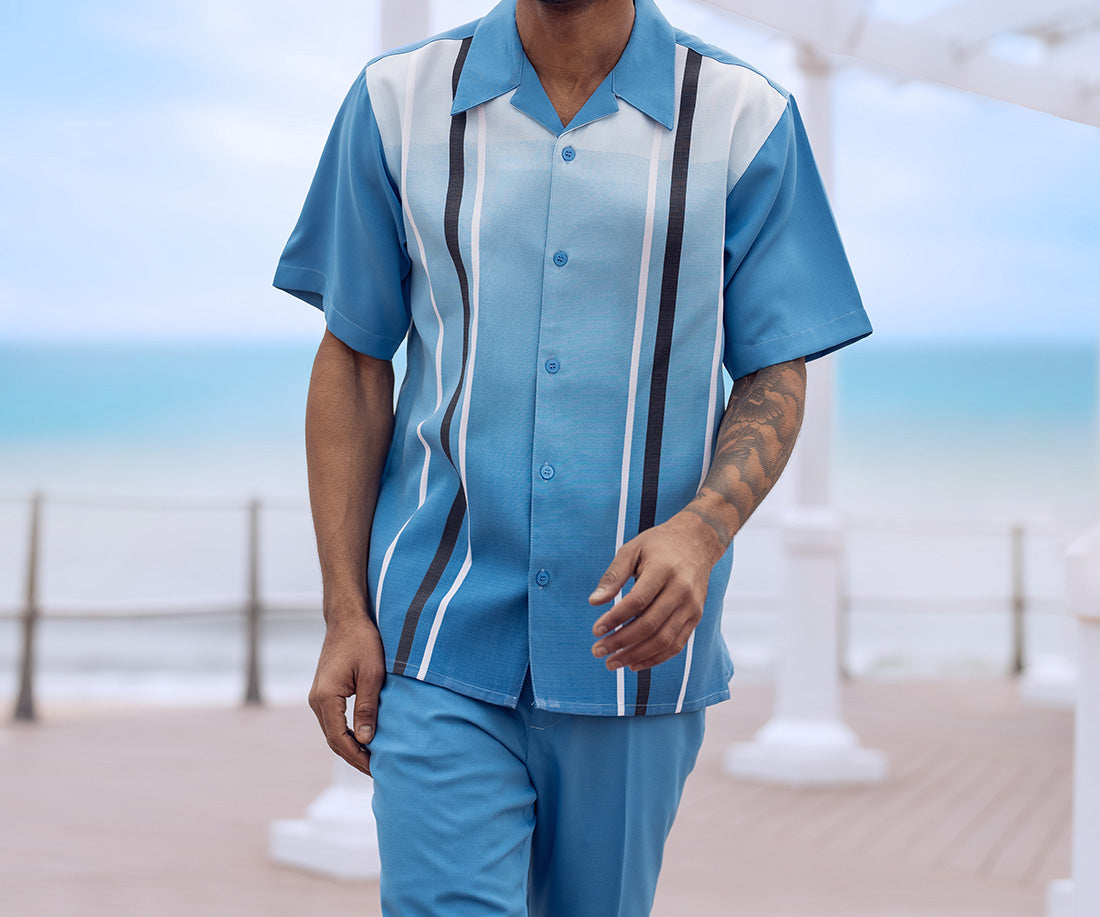 Light Blue Gradient Color with Stripes Walking Suit 2 Piece Short Slee ...