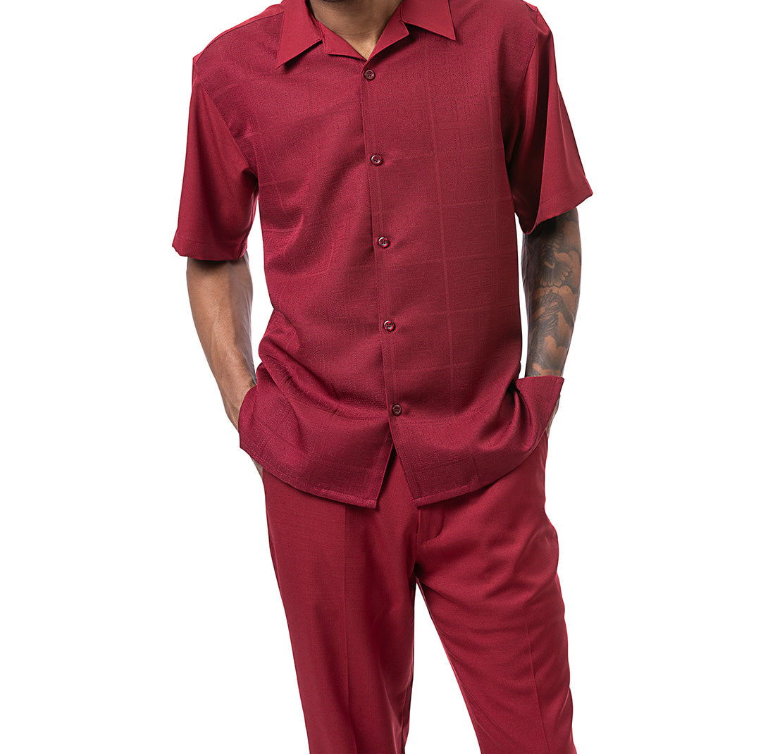Burgundy Tone-on-tone Windowpane Walking Suit 2 Piece Short Sleeve Set ...