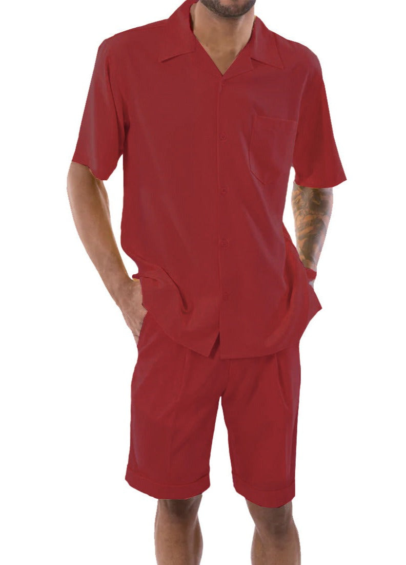 Red 2 Piece Short Sleeve Walking Suit Set with Elastic Waistband Short ...