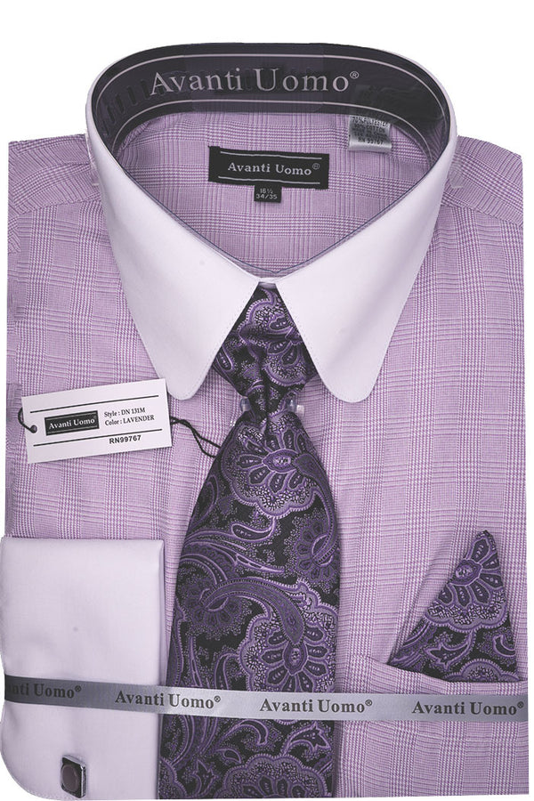 Lavender Windowpane Dress Shirt Set with Tie and Handkerchief | Suits ...