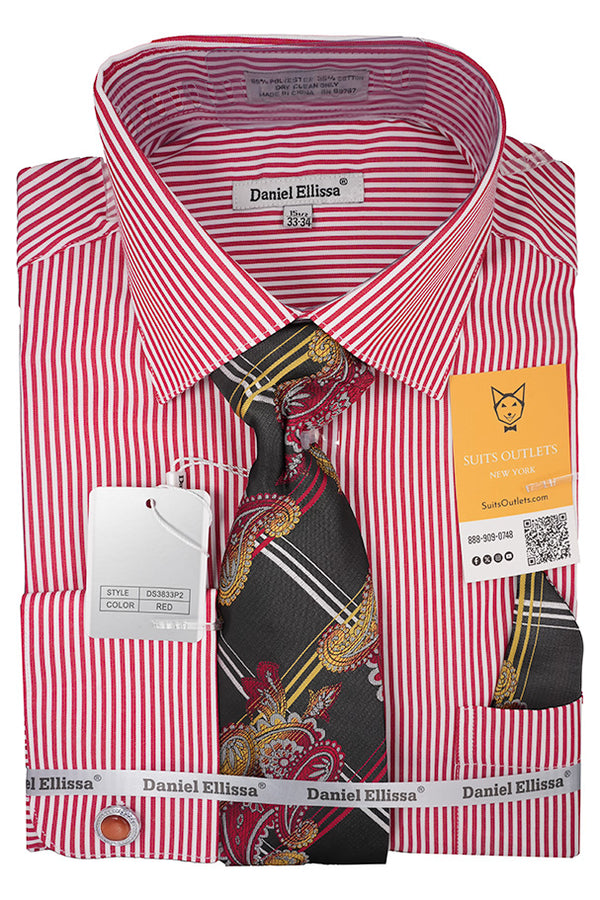 Red White Bold Stripe French Cuff Dress Shirt with Tie, Cuff Links and ...