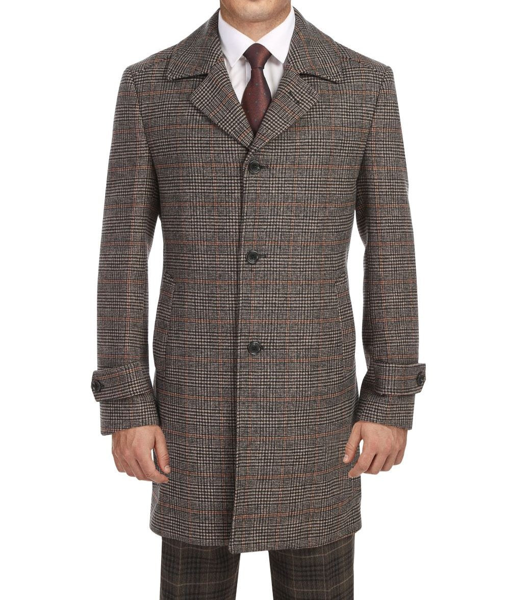 (46R) Brown Slim Fit Wool Blended Long Overcoat | Suits Outlets Men's ...