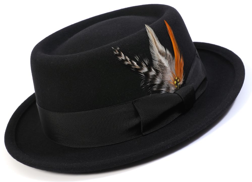 Black Pork Pie Fedora with Feather Accents | Suits Outlets Men's Fashion