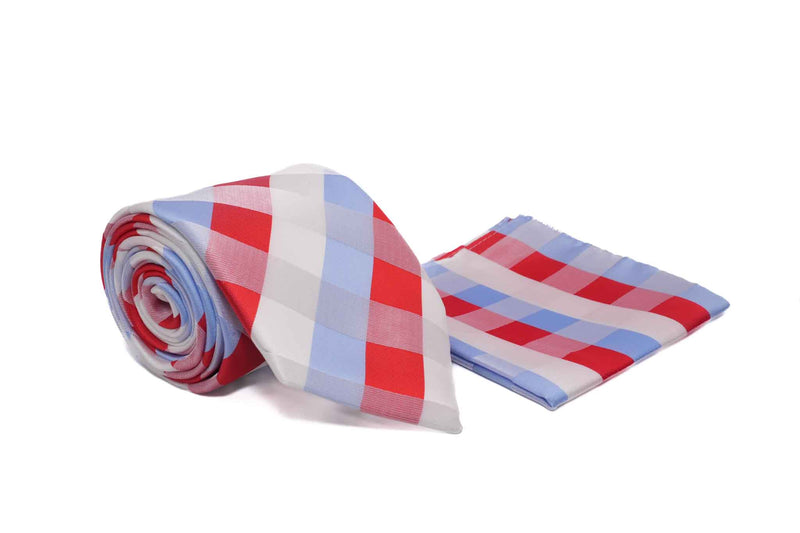 Red White Blue Check Pattern Tie and Pocket Square Set | Suits Outlets ...