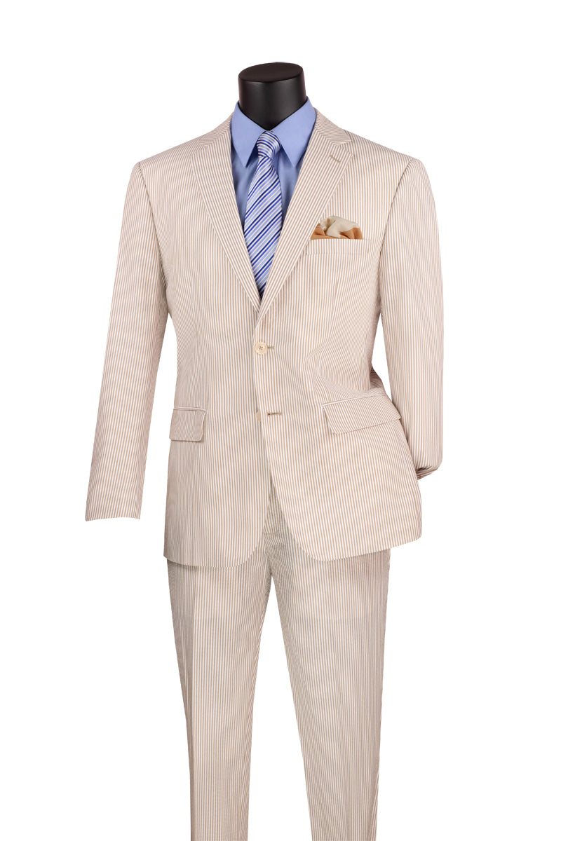 Modern Fit Summer 2 Piece 2 Button Suit Striped Seersucker in Tan ...