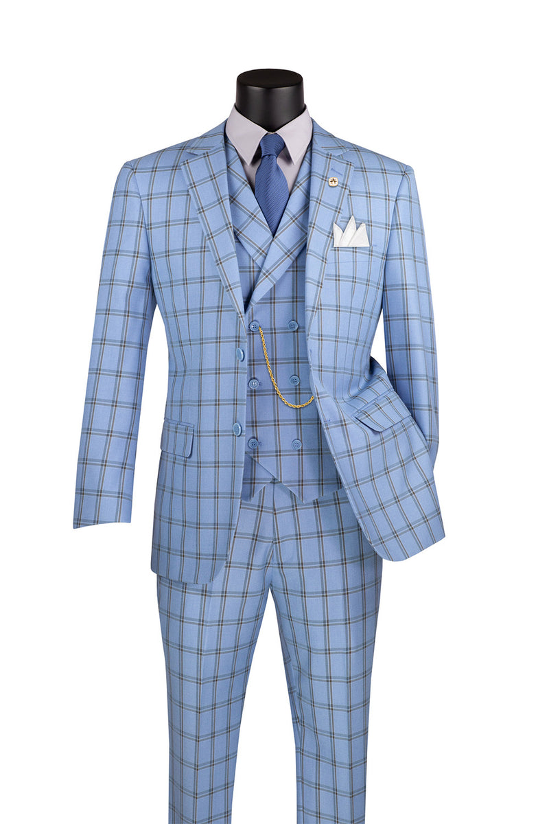 Lazio Collection - Modern Fit Windowpane Suit 3 Piece in Light Blue ...