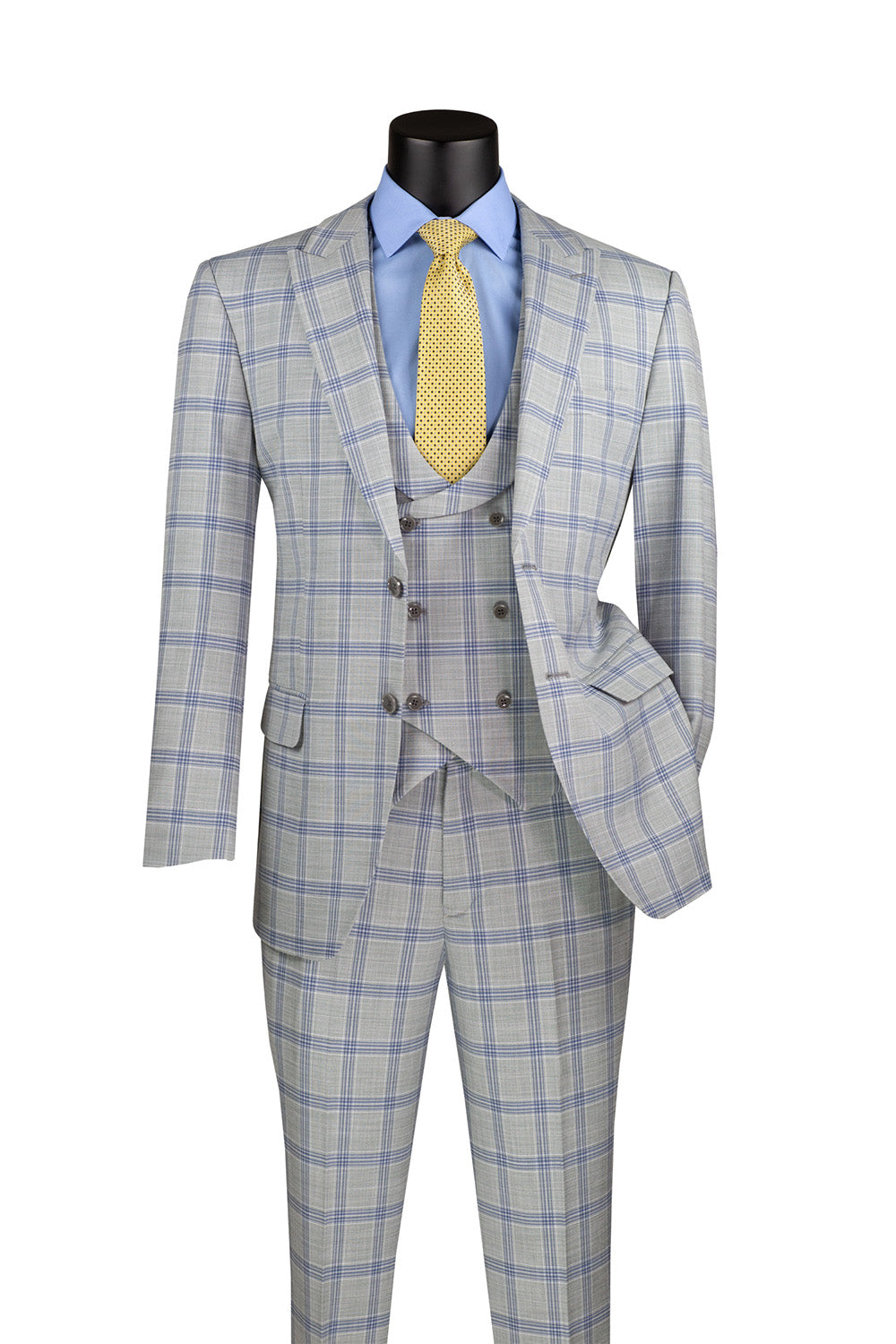 Modern Fit Windowpane Suit 3 Piece with U-Neck Vest in Light Gray ...