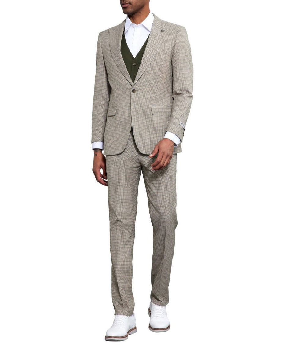 Stacy Adams - 3 Piece Suit Glen Plaid Hybrid Fit in Beige | Suits ...