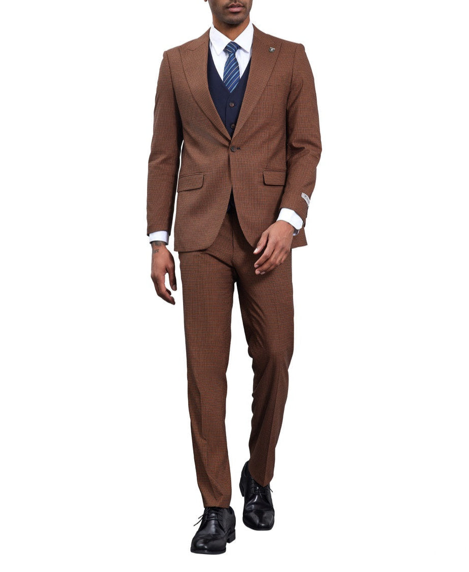 Stacy Adams - 3 Piece Suit Glen Plaid Hybrid Fit Peak Lapel in Brown ...