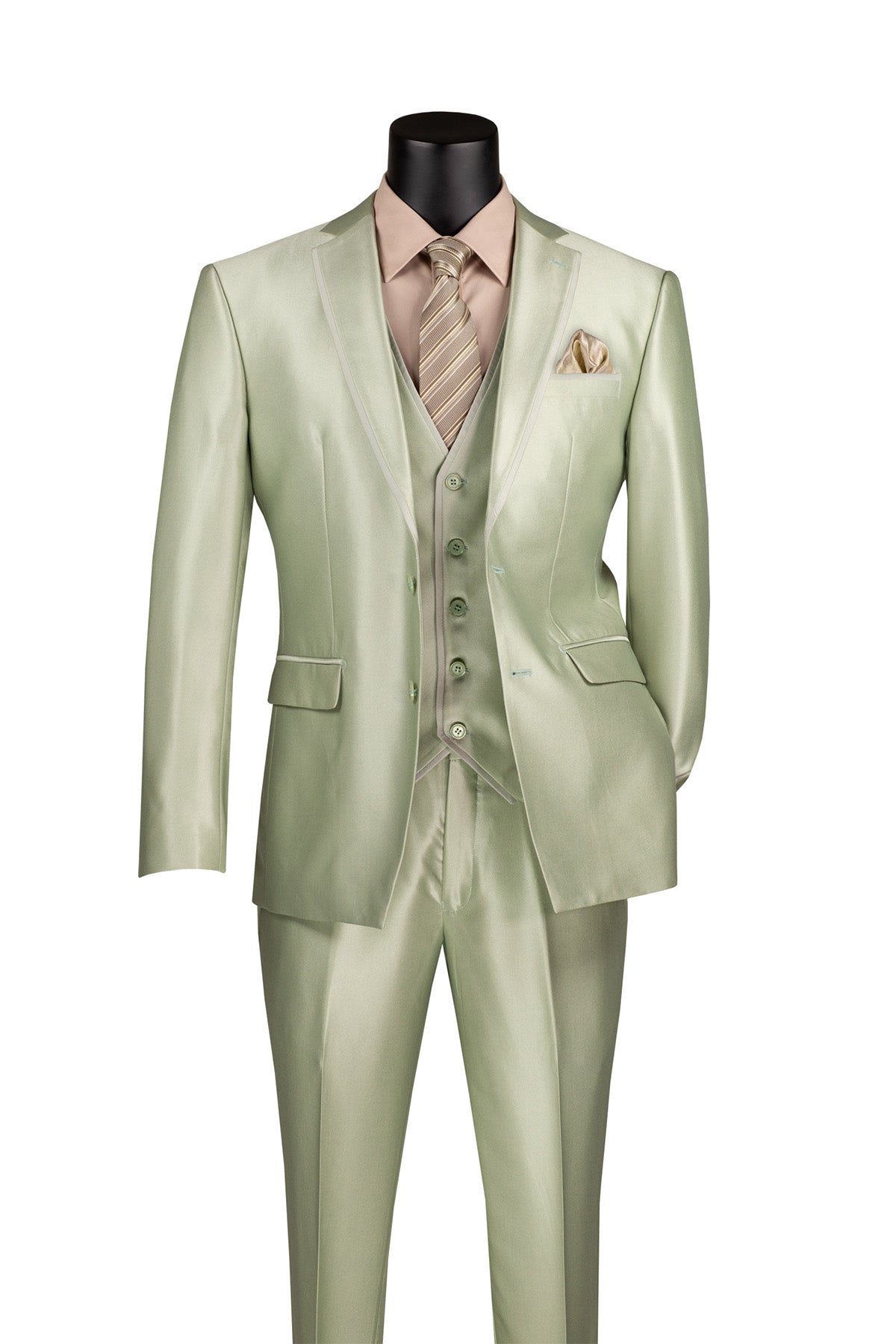 Slim Fit 3 Piece Satin Suit in Light Sage | Suits Outlets Men's Fashion