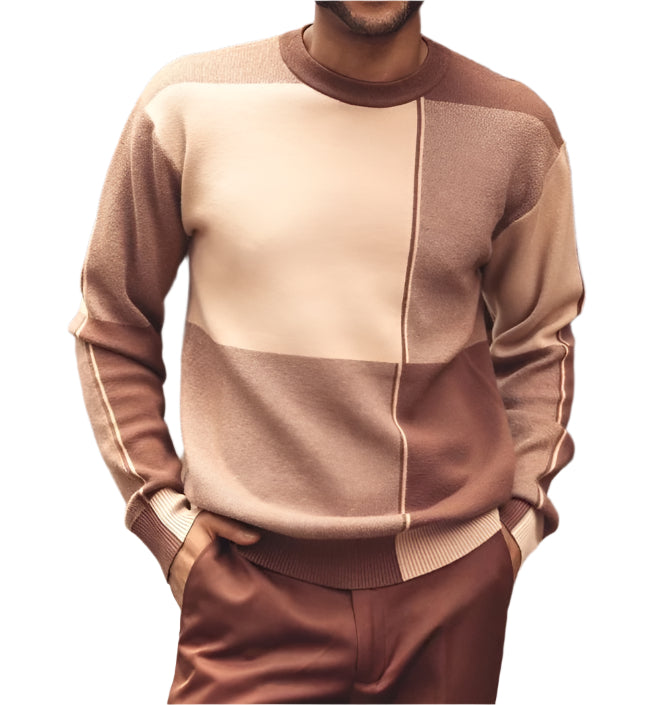 Men's Brown/Beige Color Block Knit Sweater | Suits Outlets Men's Fashion