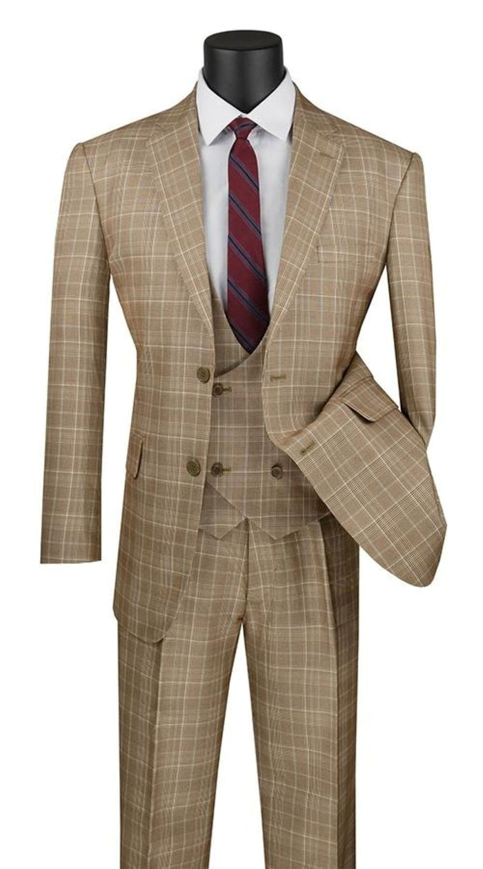 Renaissance Collection - Regular Fit Glen Plaid 3 Piece Suit Camel ...