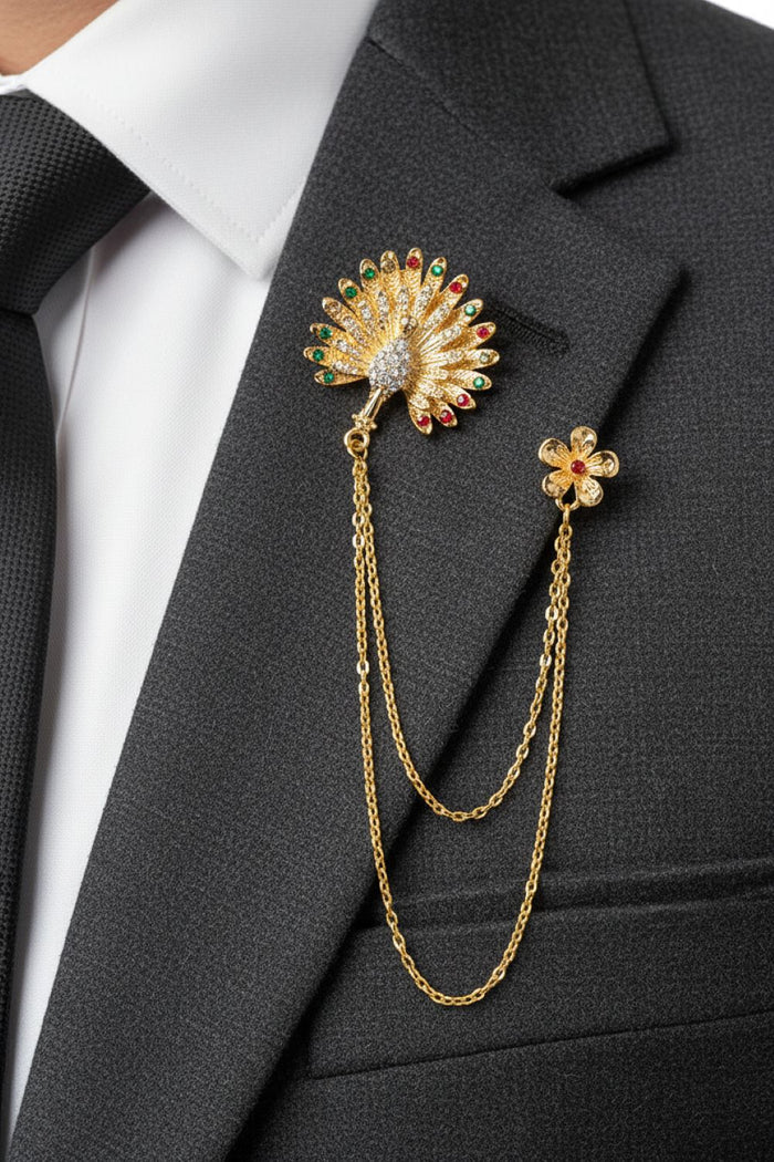 Gold Diamond Rhinestone Peacock Double Chain Brooch | Suits Outlets Men ...