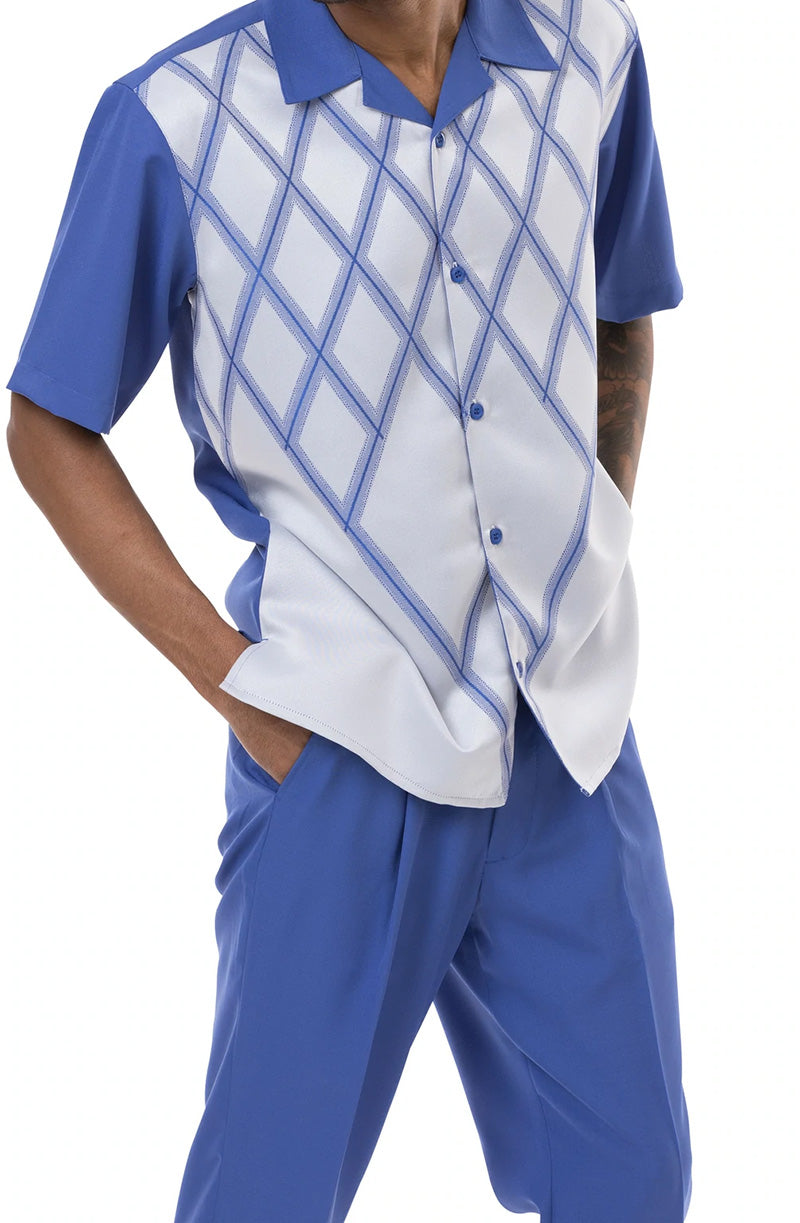 Royal Blue 2 Piece Short Sleeve Men's Summer Walking Suit Criss Cross ...