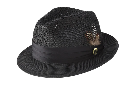 Black Solid Color Pinch Braided Fedora With Matching Satin Ribbon ...