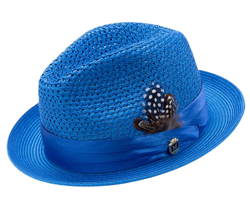 Cobalt Blue Solid Color Pinch Braided Fedora With Matching Satin Ribbo ...