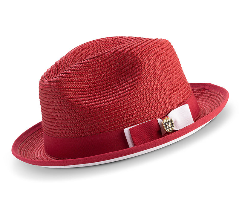 Two Tone Ribbon Stingy Brim Pinch Braided Fedora - Red with White Bott ...
