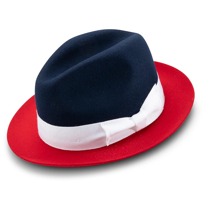 (M) Navy Wool Felt Hat 2 ¼" Wide Red Brim | Suits Outlets Men's Fashion