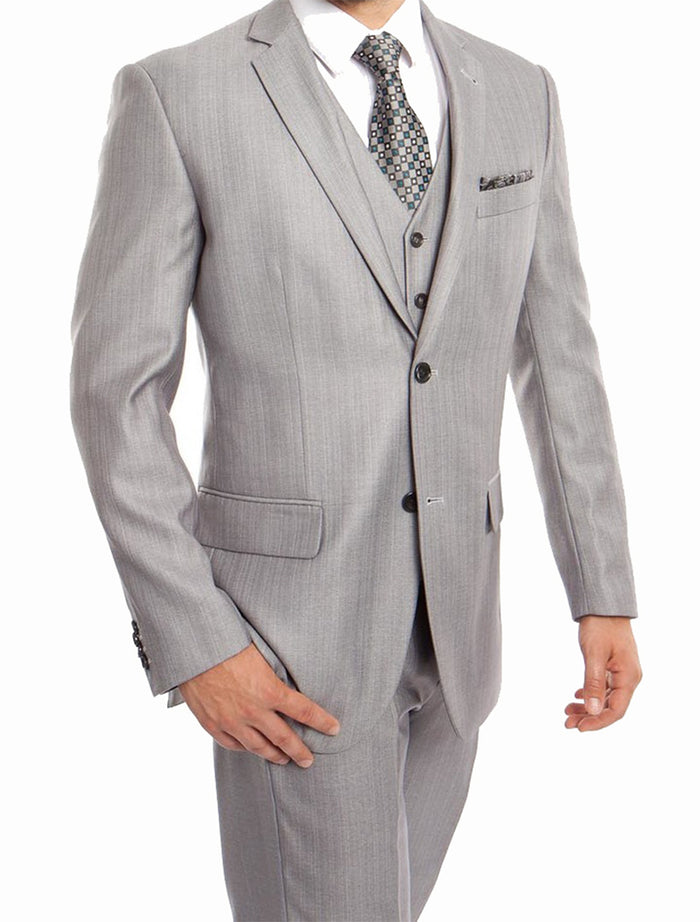 Light Gray 3 Piece Modern Fit Suit 2 Button V-Neck Vest | Suits Outlets ...