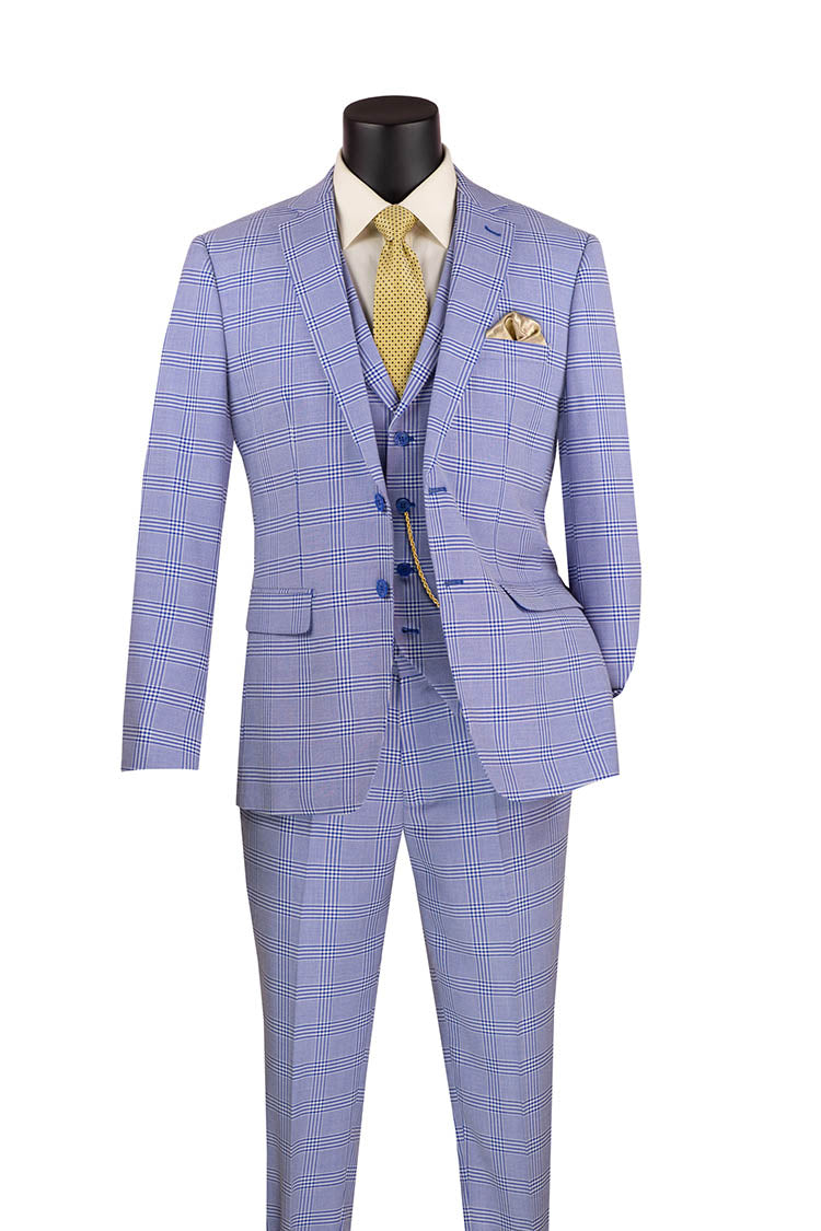 Slim Fit Suit Windowpane 3 Piece with Vest in Sky Blue | Suits Outlets ...