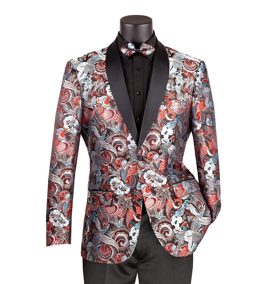 Burgundy Modern Fit Paisley Pattern Jacquard Fabric Jacket with Bow Ti ...