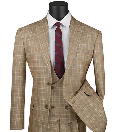 Renaissance Collection - Regular Fit Glen Plaid 3 Piece Suit Camel ...